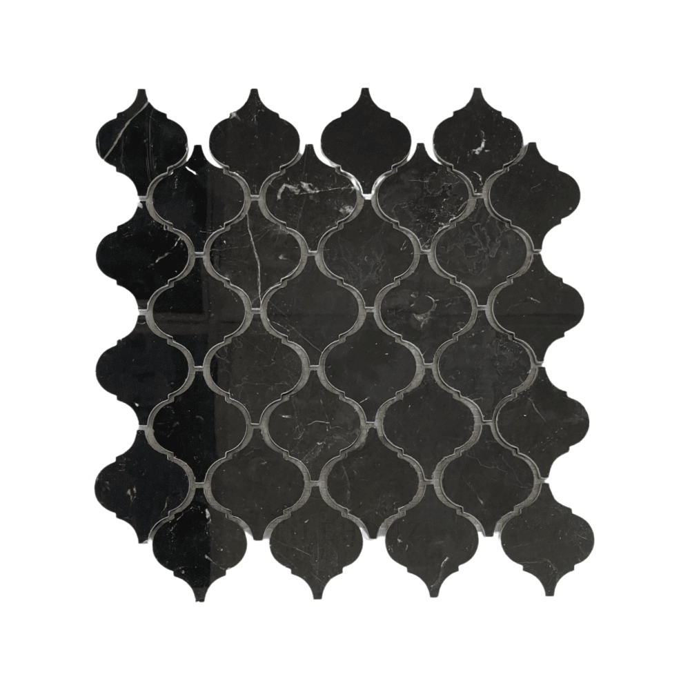 Nero Marquina Marble Arabesque/Lantern Mosaic Polished/Honed – Tilehouz Nero Marquina Marble Arabesque/Lantern Mosaic Polished/Honed – Tilehouz
