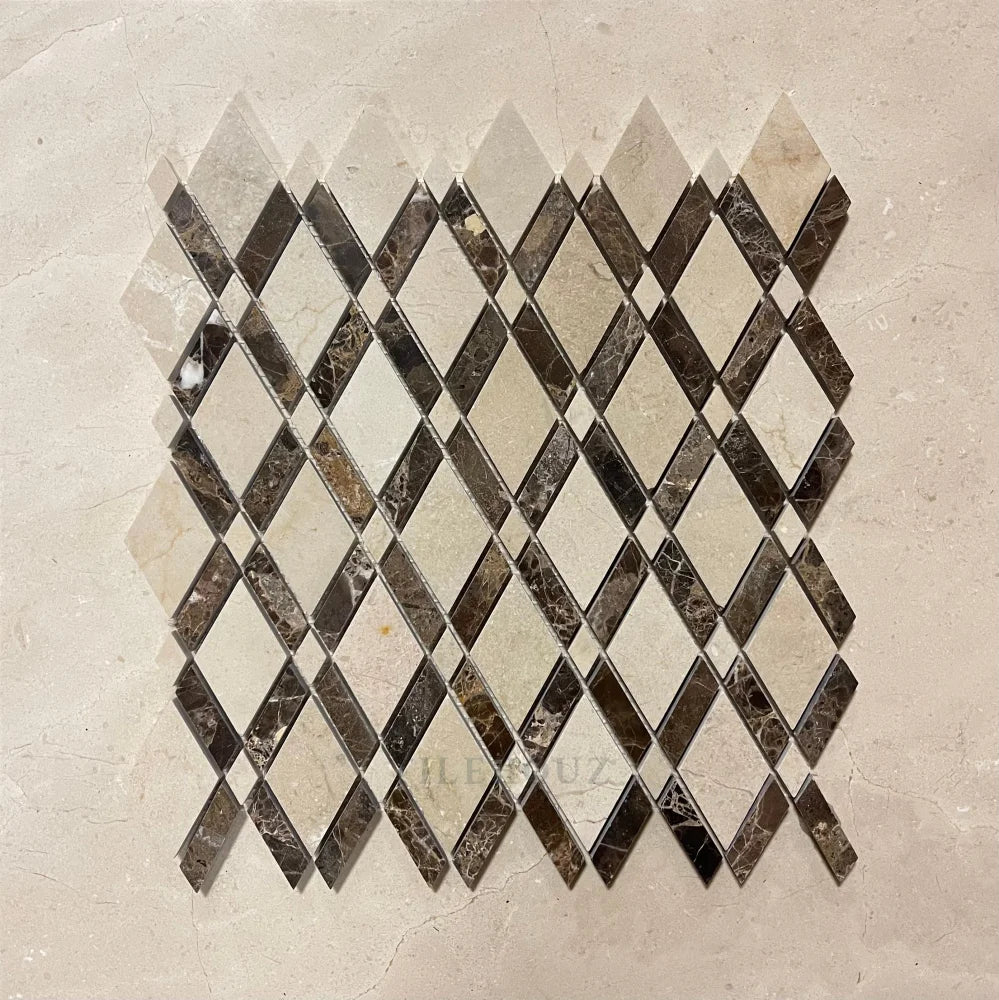 Crema Marfil Marble Lattice Mosaic w/Emperador Dark Border Polished/Ho ...