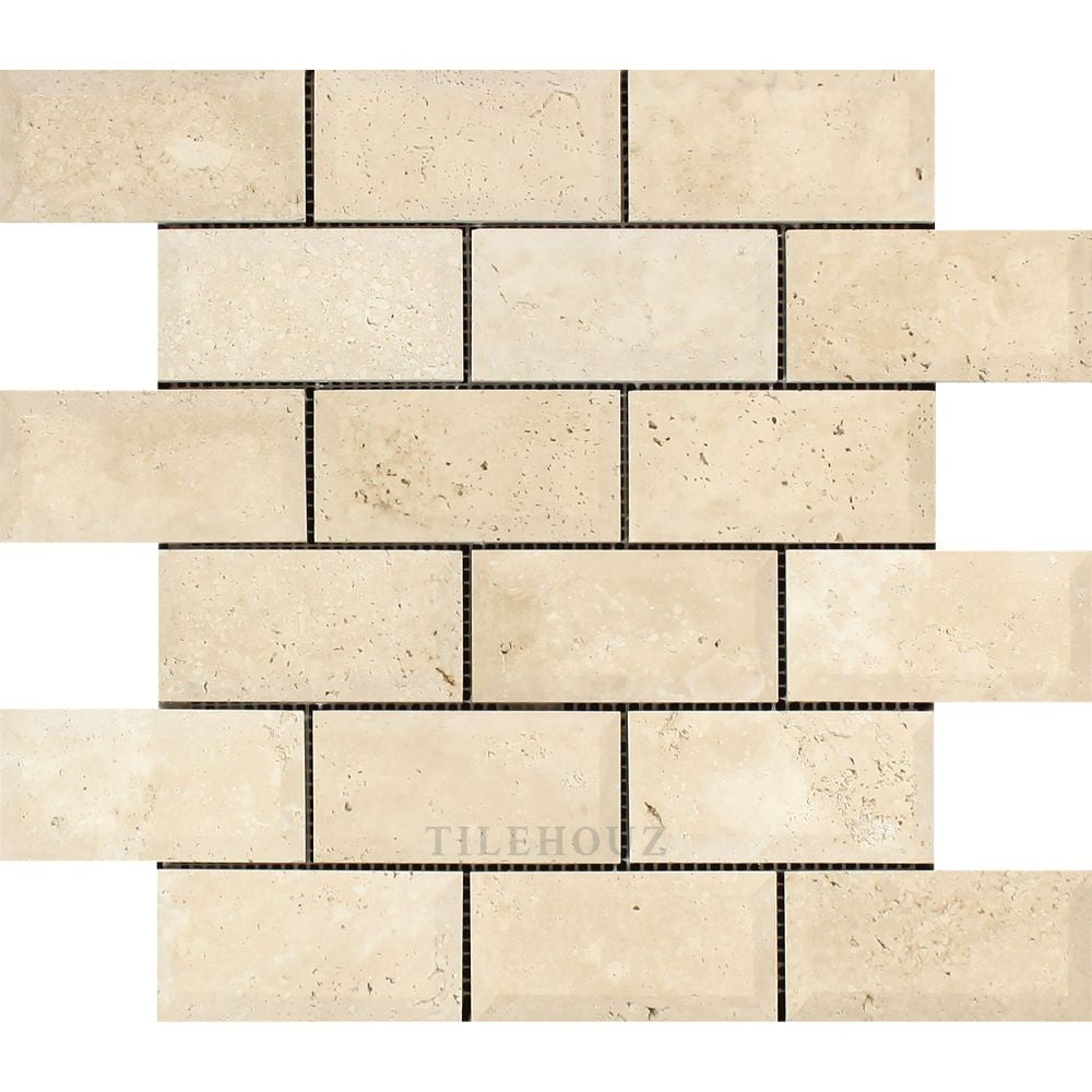 2 x 4 Honed Ivory Travertine Deep-Beveled Brick Mosaic Tile – Tilehouz