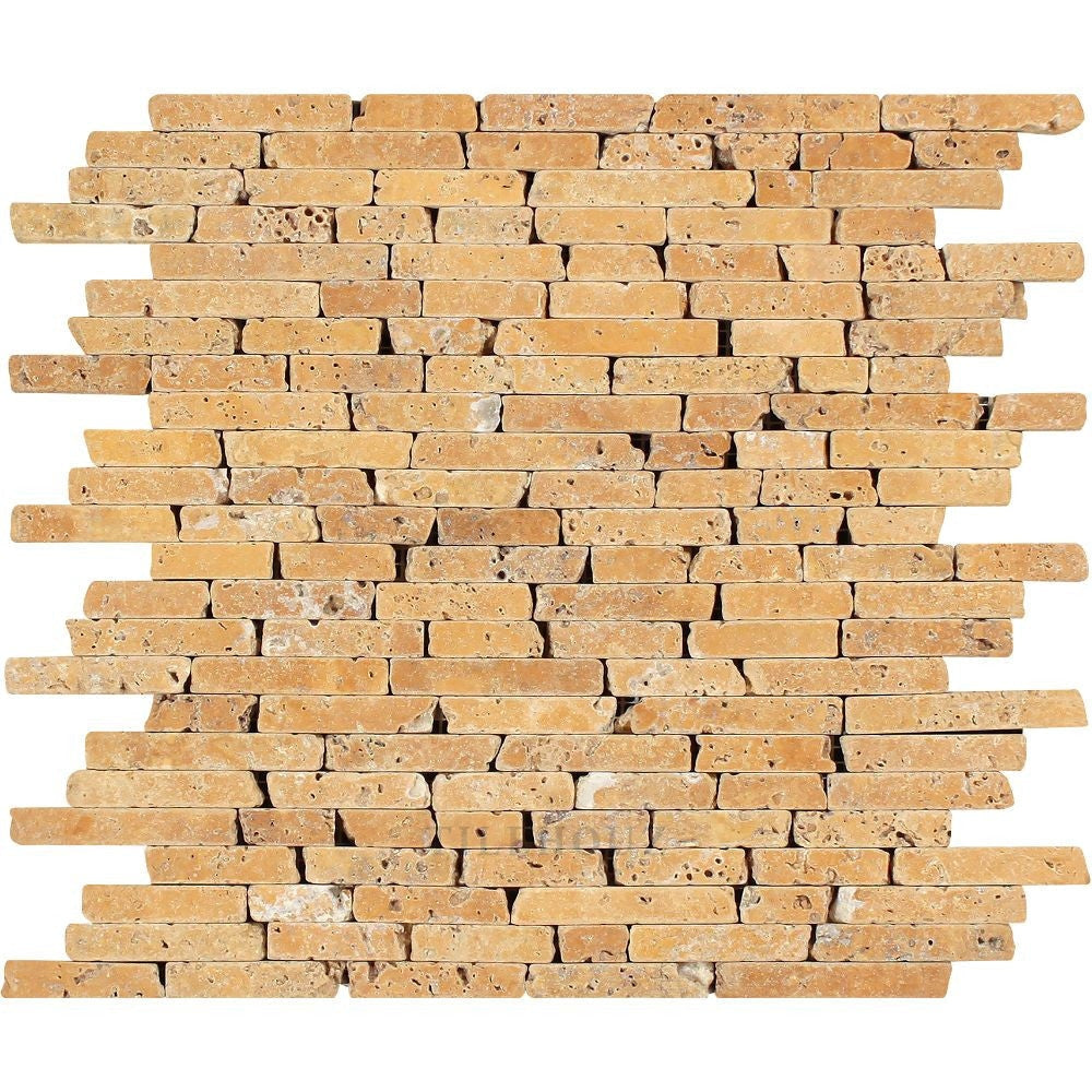 Gold Tumbled Travertine Manhattan/Random Strip Mosaic Tile – Tilehouz