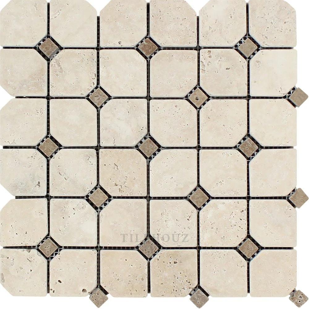 Ivory Tumbled Travertine Octagon Mosaic Tile w/ Noce Dots – Tilehouz
