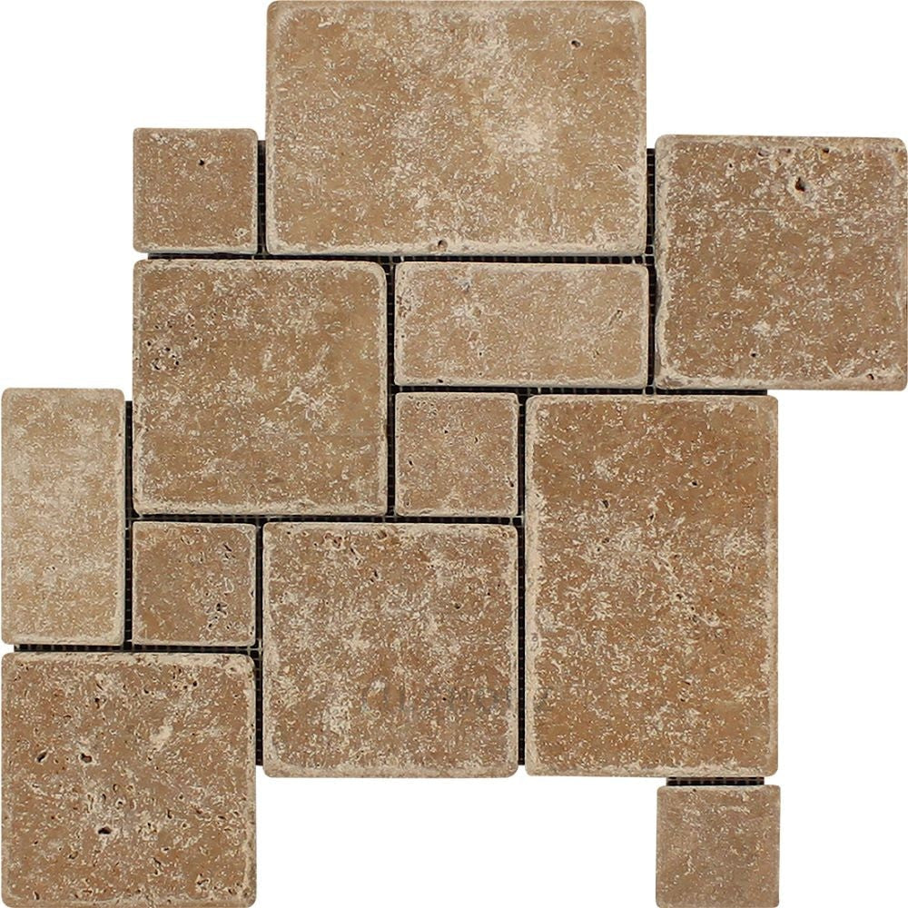Noce Tumbled Travertine 4-Pcs OPUS Mini Pattern Mosaic Tile (Interlock ...