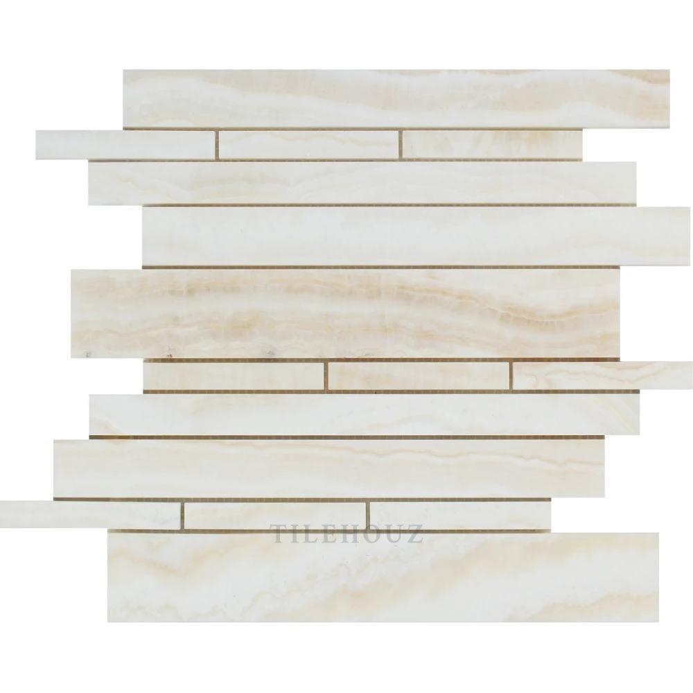 White Onyx Polished Random-Strip Mosaic Tile - (Vein-Cut) – Tilehouz